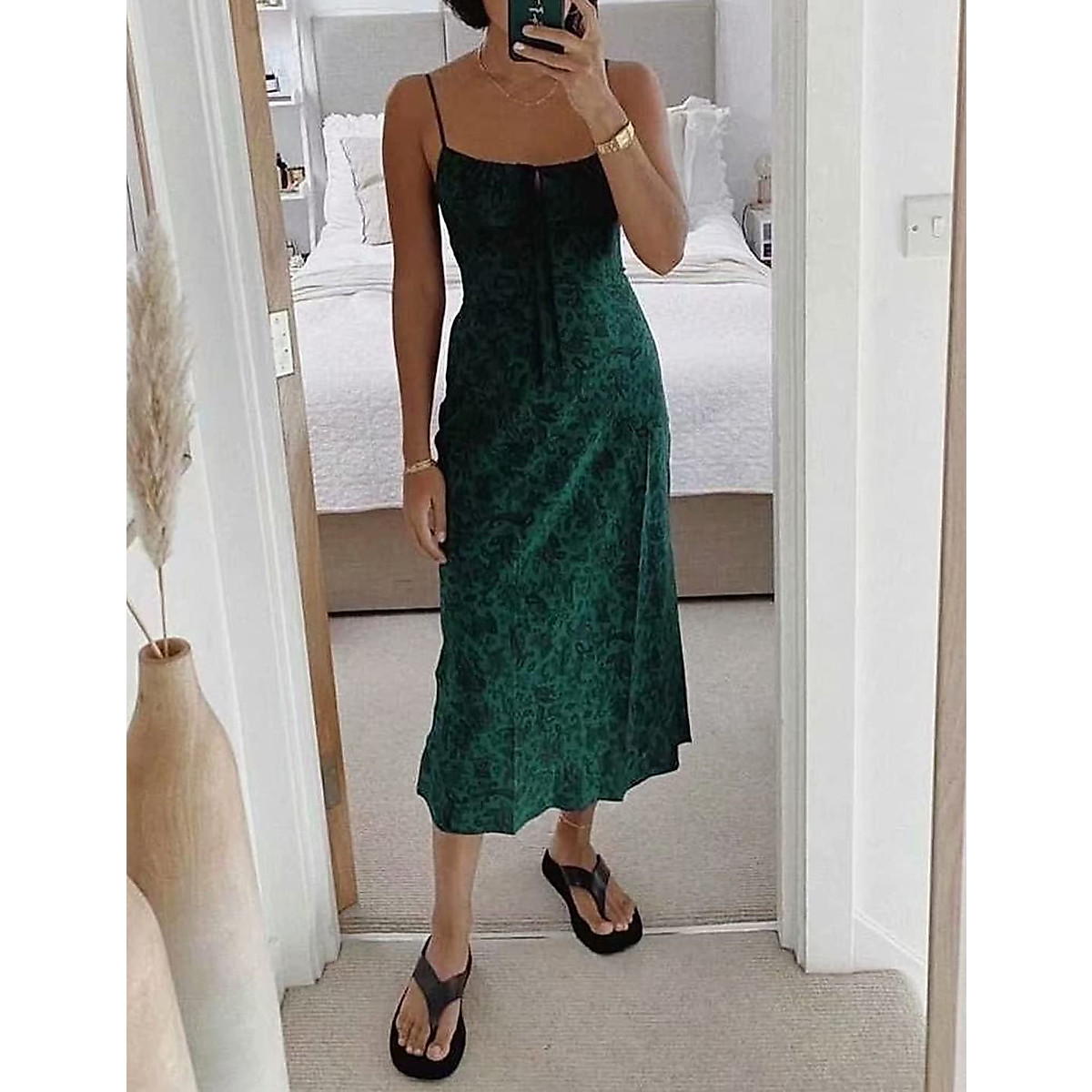 Omoone Womens Floral Dress Low-Cut Square Neck Spaghetti Strap Tie Bodycorn 90s Y2k Sun Dresses (01Green, Medium)