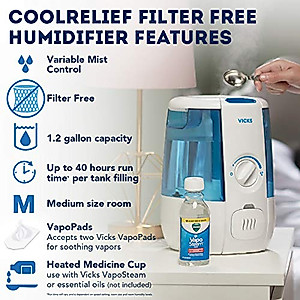 Vicks Filter-Free CoolRelief Cool Mist Humidifier, Medium Room, 1.2 Gallon Tank – Visible, Medicated Ultrasonic Humidifier for Baby, Kids and Adults, Works With Vicks VapoPads and Vicks VapoSteam