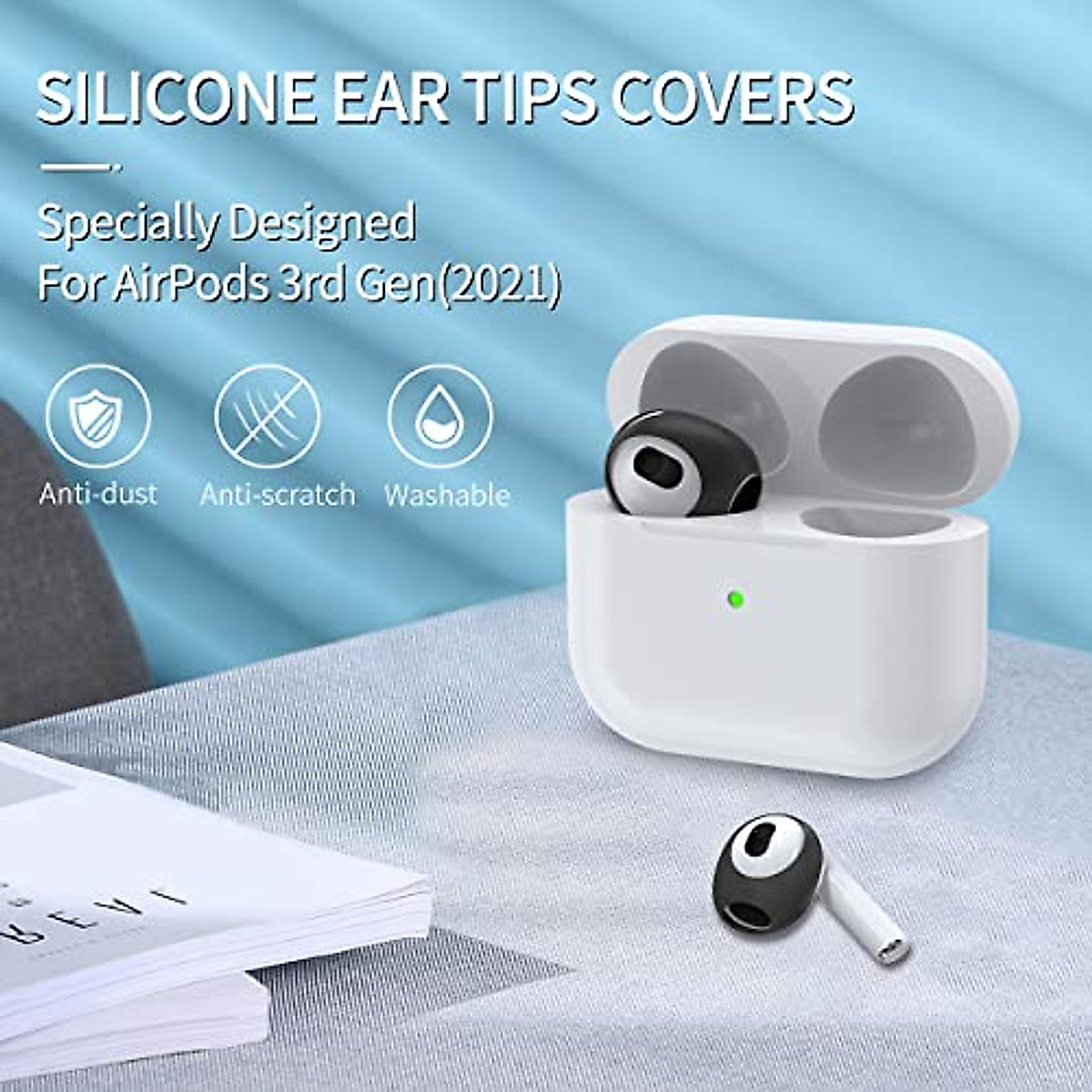 [6 Pairs] for AirPods 3 Ear Tips Covers【 Fit in The Charging Case】, AIBEAMER Silicone Anti-Slip/Dust Ear Covers Accessories Compatible with Apple AirPods 3 (2021) -Black/White