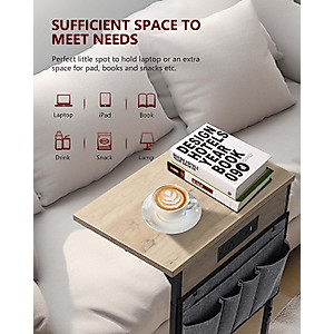 Evermagin C Shaped End Table with Charging Station, Small Side Table for Recliner, Over Couch Table with Outlet and Storage Bag, Slide Under Sofa Tray Table for Living Room, Bedroom, Greige