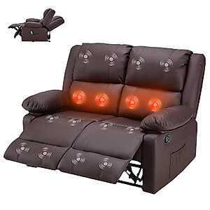 YODOLLA Recliner Loveseat with Heat and Massage Function, Wall-Hugger Reclining Sofa 2-Seater Modern Manual Control Faux Leather RV Couch, Theater Lounge Seat with Side Pockets, Brown