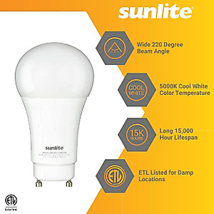 Sunlite A19 GU24 Dimmable Light Bulb, 11 Watts (75W Equivalent) 1100 Lumens, 2 Prong LED Twist and Lock Base, ETL Listed, Rated for Enclosed Fixtures, 5000K Daylight, 6 Pack