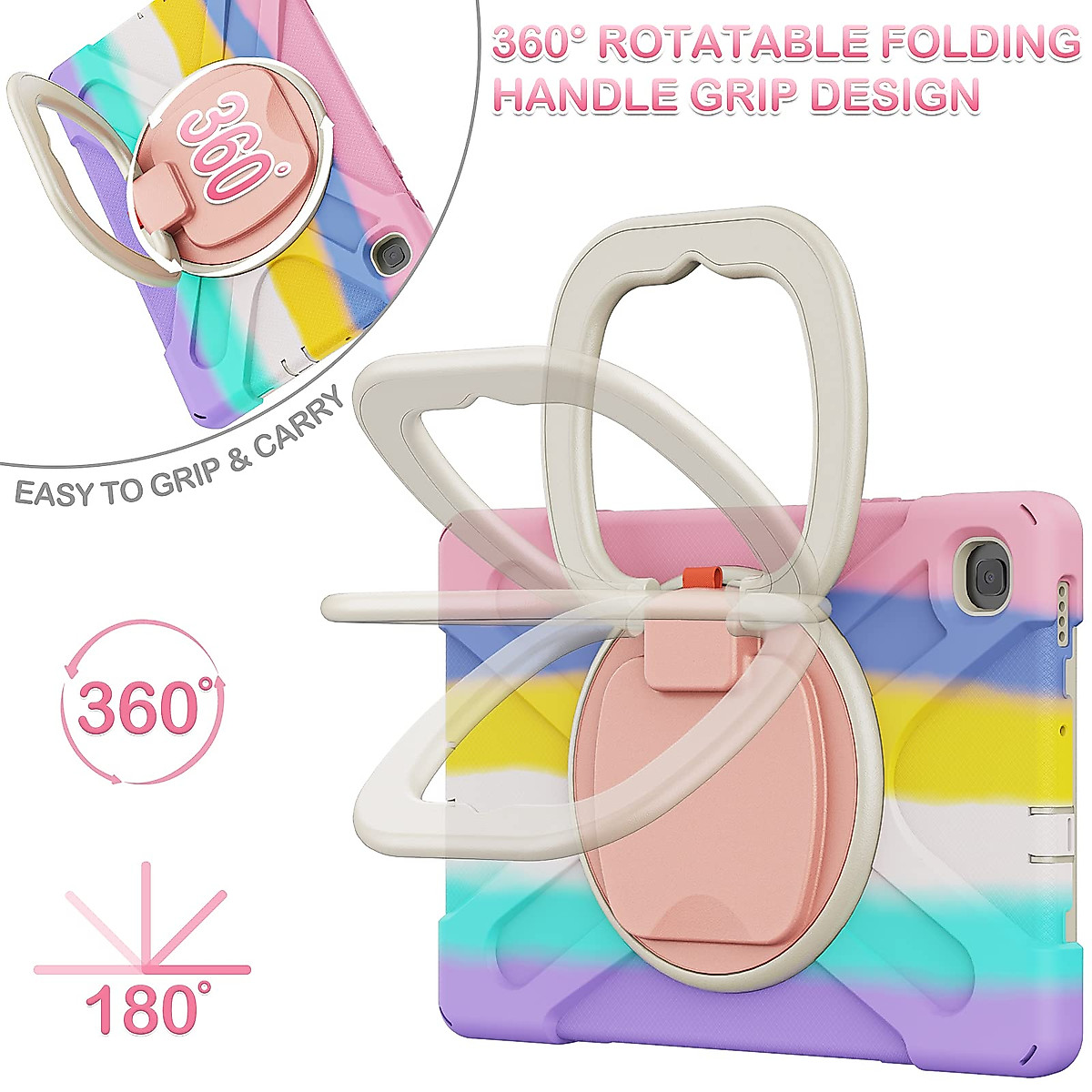 BATYUE Case for Samsung Galaxy Tab S6 Lite 10.4 Inch 2022/2020 (SM-P610/SM-P613/SM-P615/SM-P619), Protective Case with Pencil Holder, 360° Swivel Stand, Shockproof Drop; for Kids - Colourful Pink