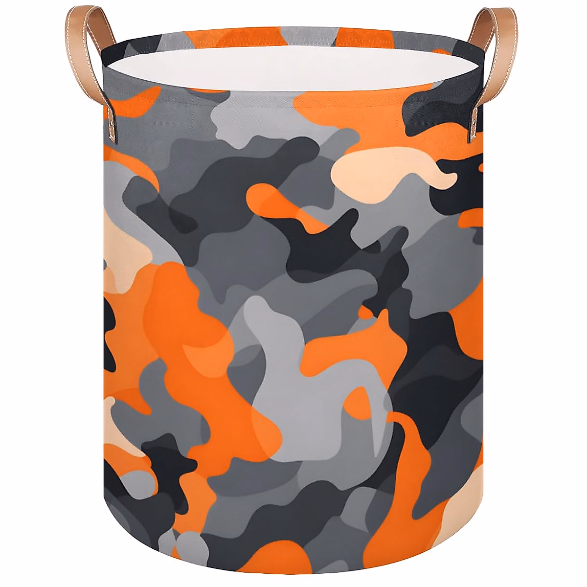 Kolabimo Orange Camo Pattern Laundry Basket Collapsible Laundry Hamper with Handles Waterproof Round Clothes Storage Bin for Laundry Rooms Bedrooms Bathroom 16x20.8 Inch