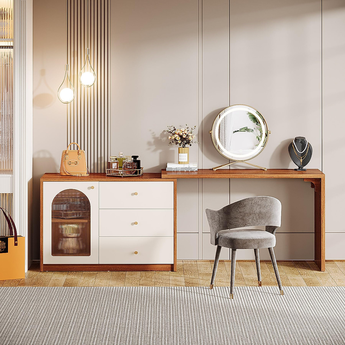 Tribesigns Modern Makeup Vanity, Retractable Large Vanity Desk with 3 Drawers and Cabinet, Makeup Corner Dressing Table for Bedroom, Walnut and White (Without Mirror)