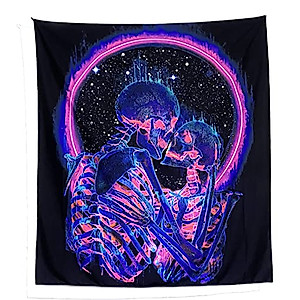 BIECWIAY Skull Kiss Lover Blacklight Tapestry for Bedroom Tapestry UV Reactive Fantasy Skeleton Trippy Tapestry Black Light Tapestry Aesthetic Wall Hanging for Room Home Decor
