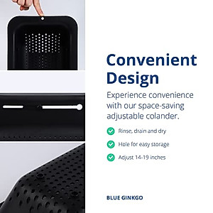 BLUE GINKGO Over the Sink Colander Strainer Basket - Wash Vegetables and Fruits, Drain Cooked Pasta and Dry Dishes - Extendable - New Home Kitchen Essentials (7.9W x 14-19L x 2.75H) - Black