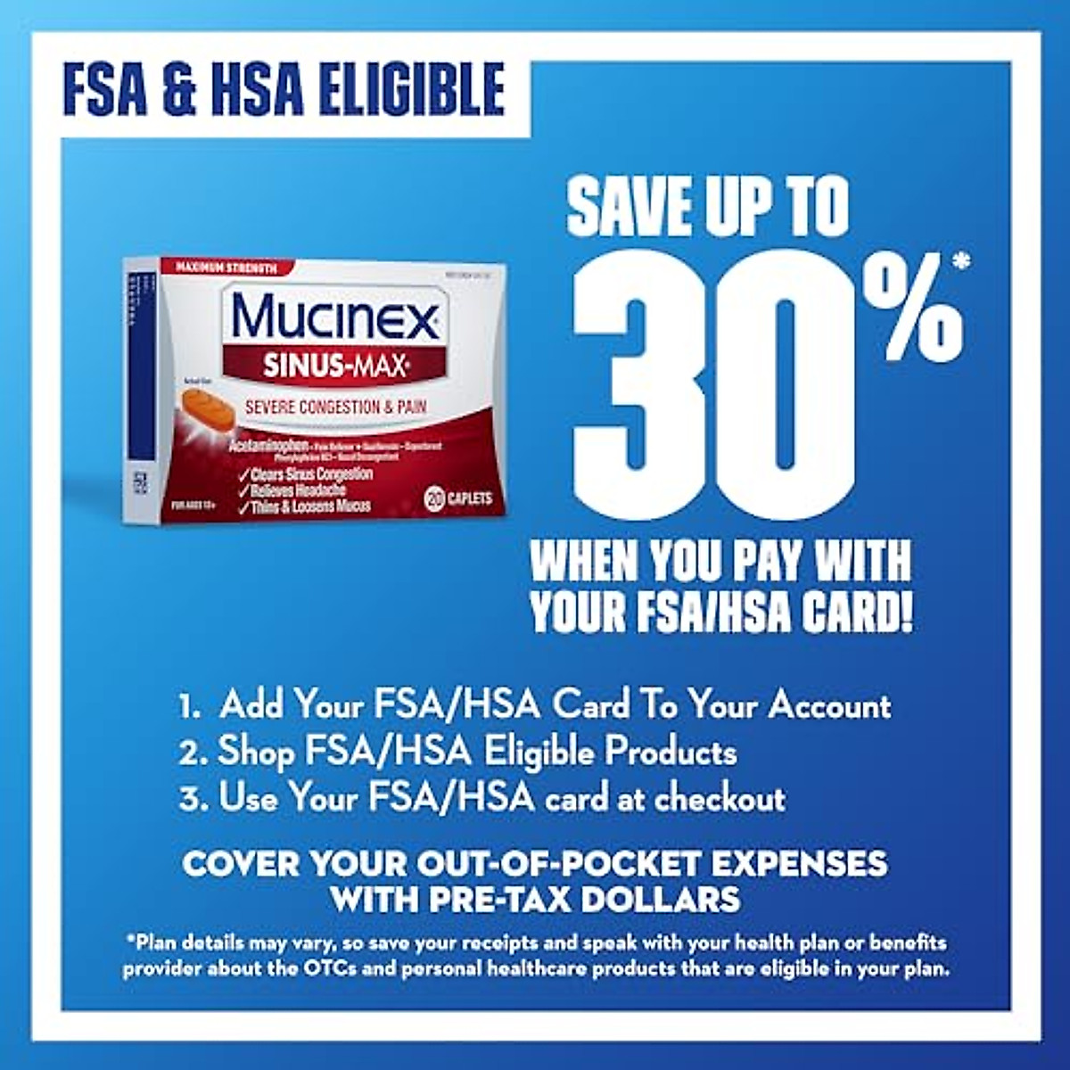 Mucinex Sinus Max Severe Congestion & Pain Relief, Maximum Strength Nasal & Sinus Relief, Decongestant for Adults, Acetaminophen Pain Reliever, Guaifenesin Expectorant and Mucus Removal, 20 Caplets