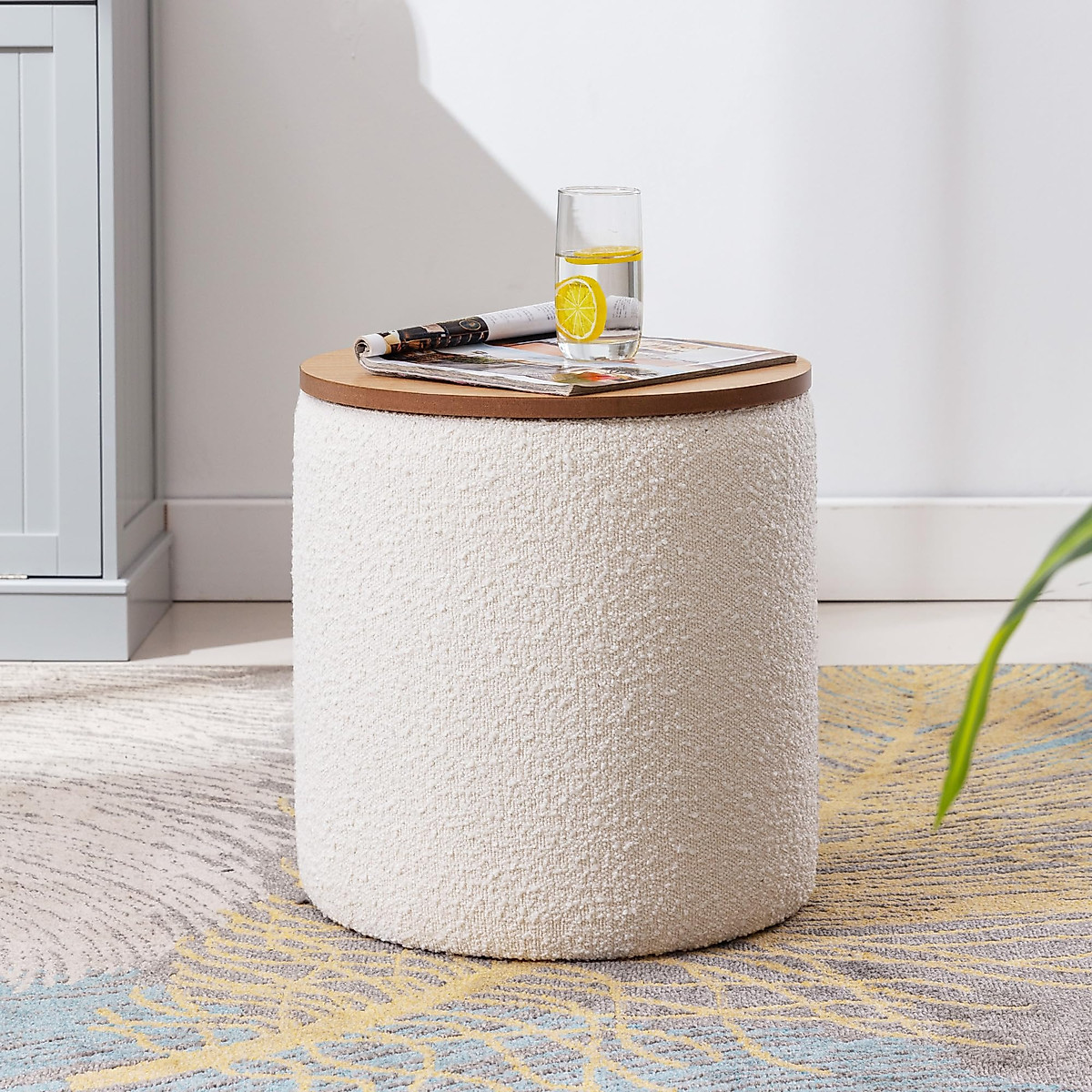 ONEVOG Beige Storage Ottoman with Wooden Lid, Tufted Boucle Fabric, Round Side Table Pouf, Small Vanity Seat Stool, Storage Footstool Chair for Living Room, Bedroom