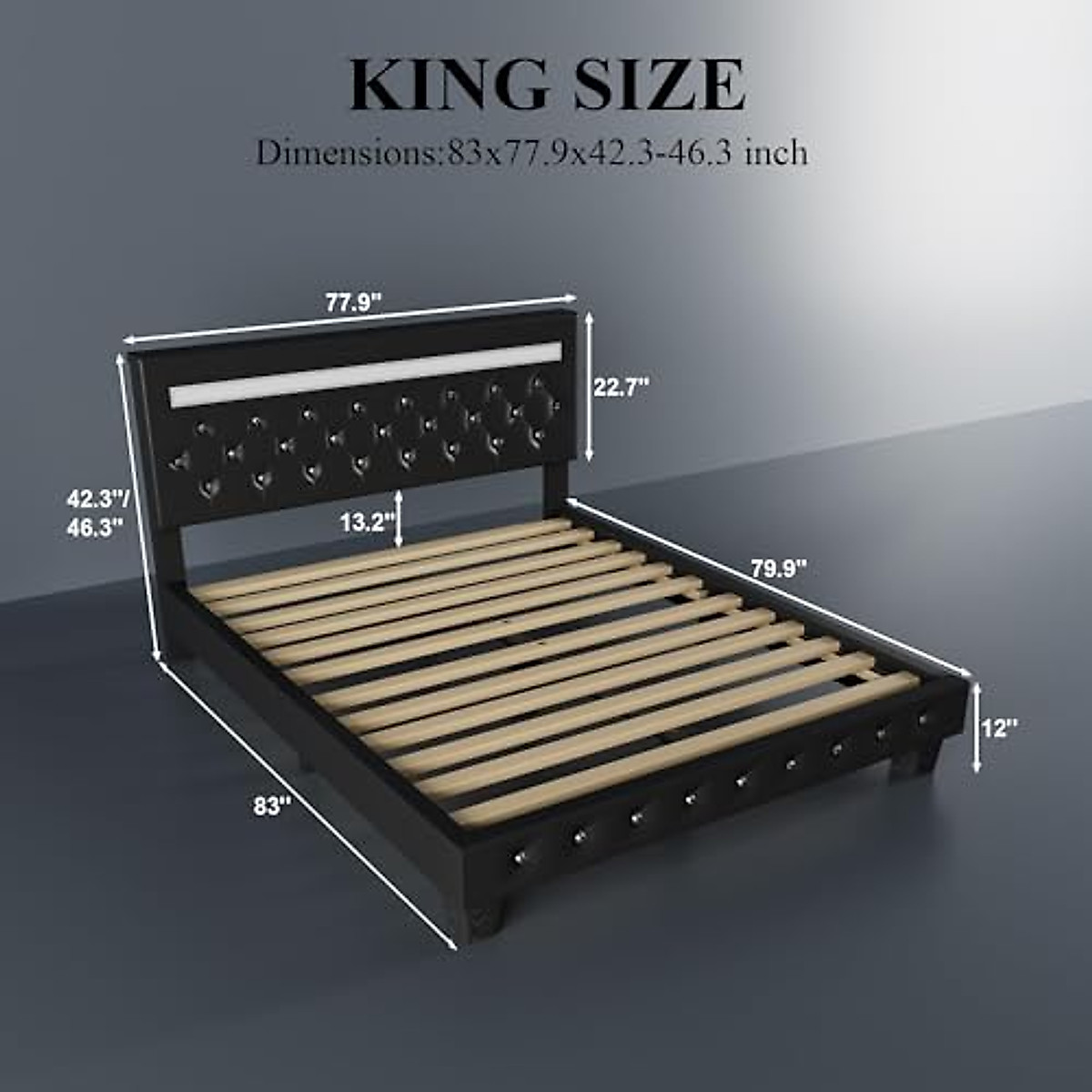 Forrise King Size LED Platform Bed Frame with Adjustable Headboard, Modern Bed Frame with Charging Station, Wooden Slats Support, Easy Assembly, No Box Spring Needed, Black