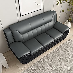 Container Furniture Direct Modern Style Faux Leather Sofa with Extra Comfortable Pillow Top Armrests Ideal for Living Room, Bedroom or Home Office Couch, 79.2’’ Wide, Grey/Black