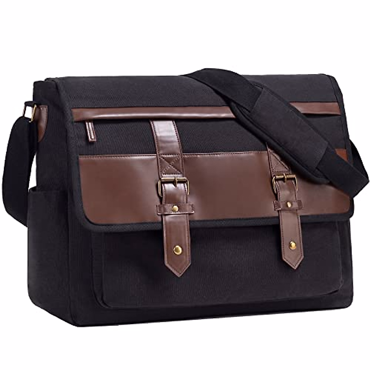 Celvetch Laptop Messenger Bag - PU Leather Briefcase for Men Canvas Shoulder Bag Computer Bag for Work Travel College - Black