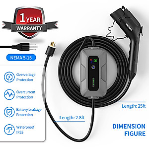 voltfanty Level 1&2 EV Charger, Electric Vehicle Portable Charger with 27.8FT Cable, Home EV Charging Station for J1772 Electric Cars, 16Amp 110V-240V, NEMA 6-20 & NEMA 5-15 Plug