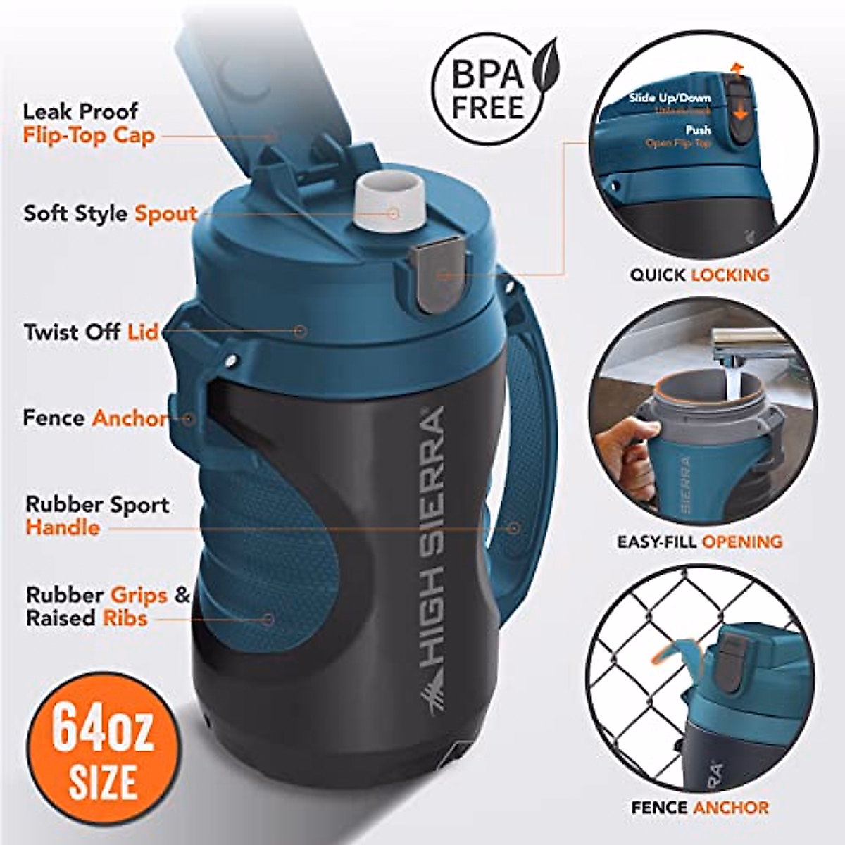 High Sierra, [2 PACK BPA FREE, 64 OZ Insulated Water Jug, [Silicone Spout – NO MORE TEETH BUMPS] Built-in Fence Anchor, Keeps Iced Water Cold for Hours, EXTRA LARGE Sports Bottle with 1.89L Capacity