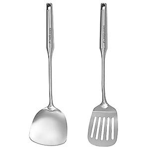 FONGLUAN Stainless-Steel Turner Spatula Set, Set of 2, Slotted Turner, Wok Spatula, Heavy Duty Metal Kitchen Utensils for Cooking