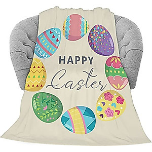 FJPT Happy Easter Colorful Eggs Throw Blanket Flannel Fleece Spring Cute Blankets Soft Cozy Fuzzy Warm for Living Room Sofa Couch Bedroom (50" x 60")