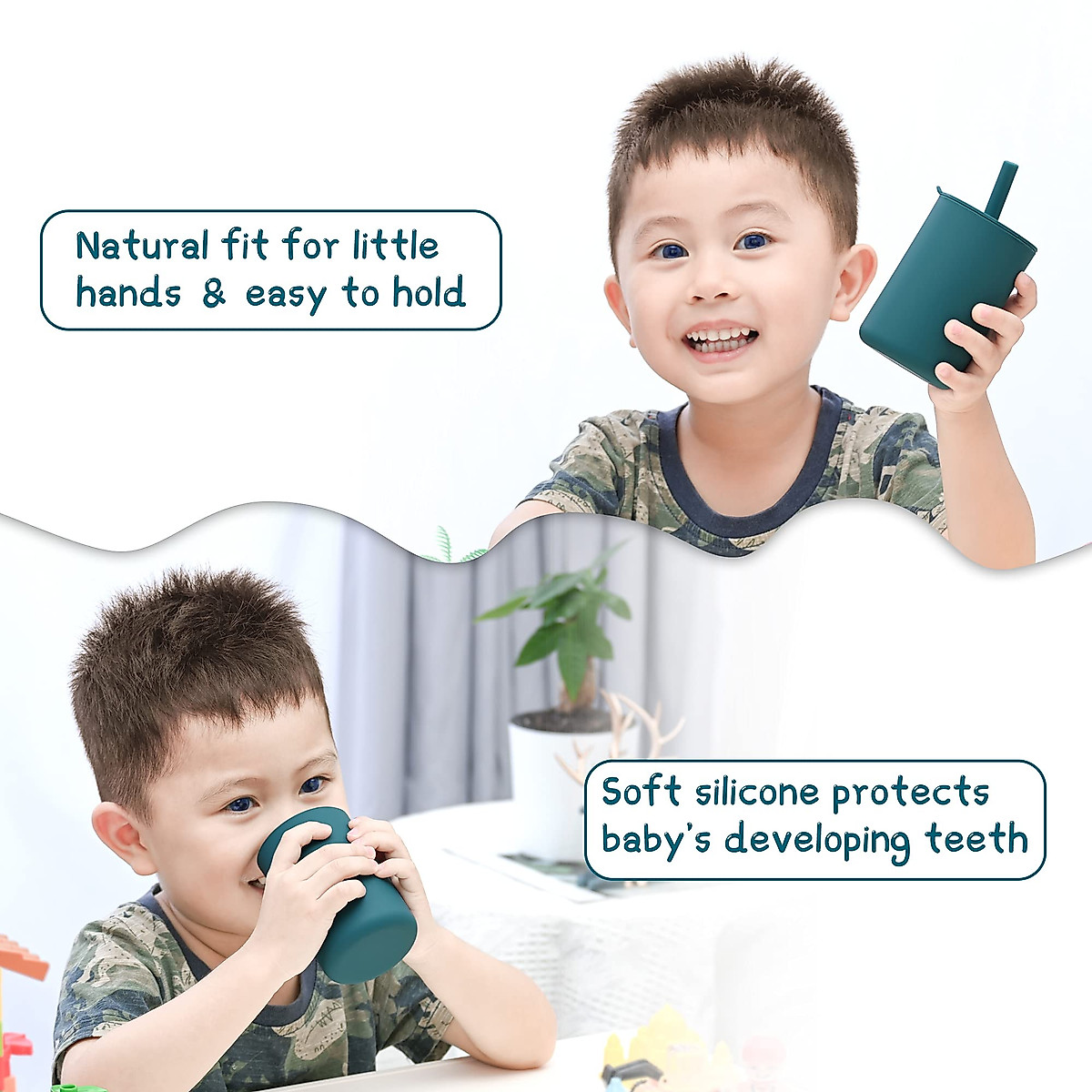 JOYIT Silicone Toddler Open Cup with Straw, Silicone Open Mouth Cup for Baby 6 oz, Baby Training Cup (Hamburger-Ocean Blue)