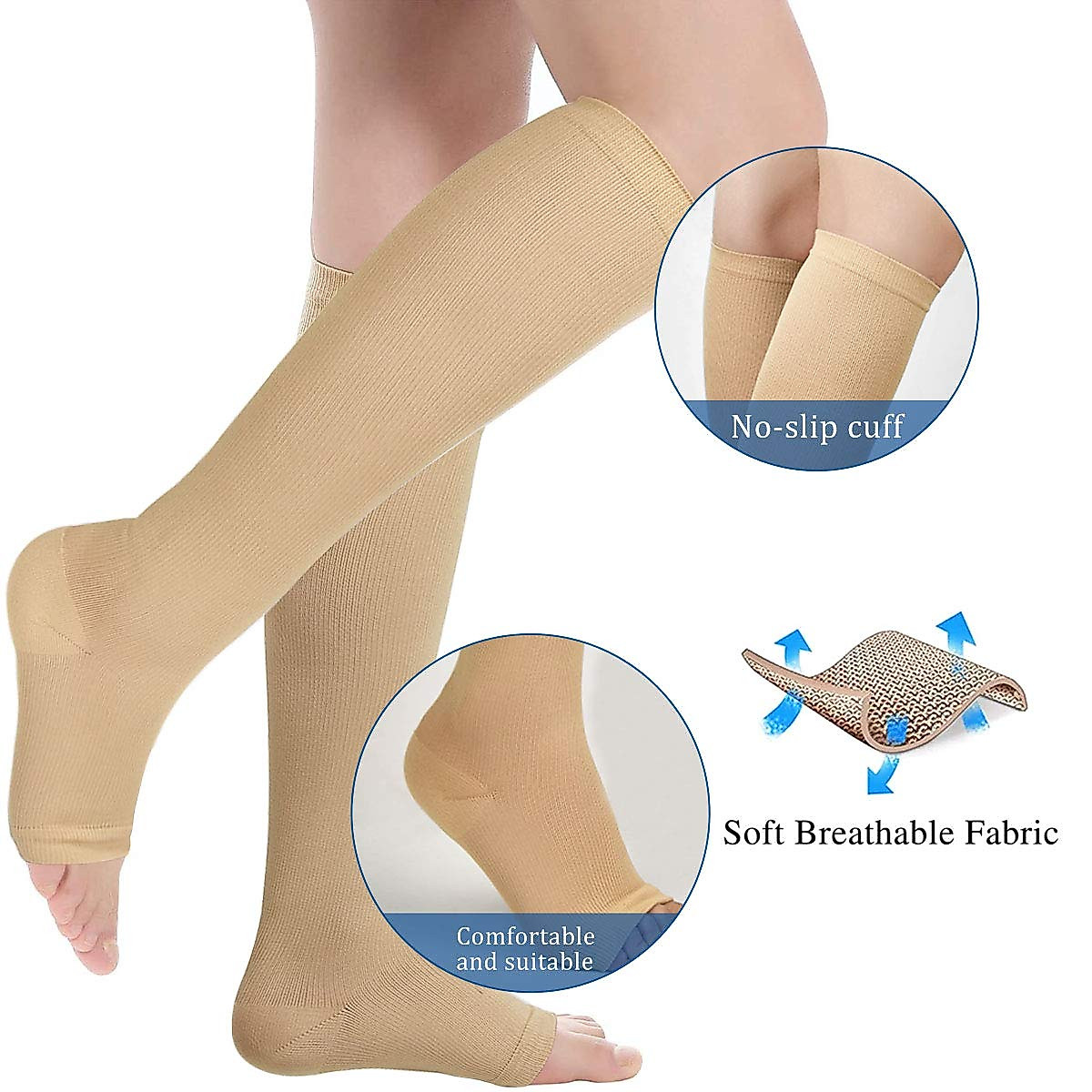 3 Pairs Open Toe Compression Socks Women Knee High Toeless 15-25 mmHg