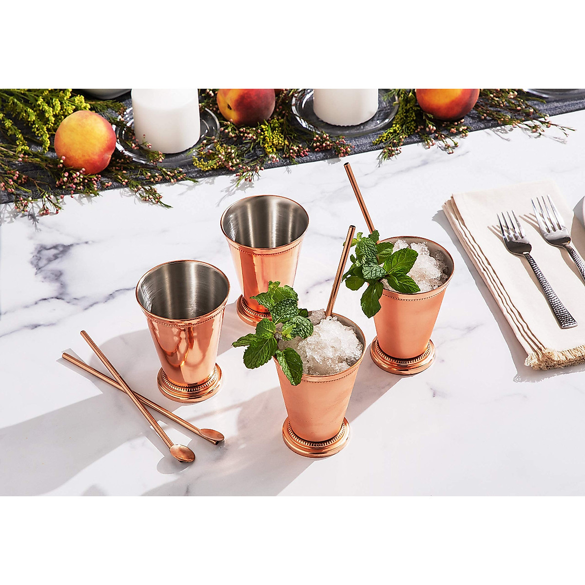 Sol Living Mint Julep Cups Gift Set of 4, 12 oz. Stainless Steel Silver Cups with 4 Drinking Straws Kentucky Derby Cups Premium Handcrafted Barware Set for Cocktails Mixed Drinks