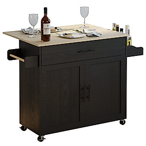 IRONCK Rolling Kitchen Island Table on Wheels with Drop Leaf, Storage Cabinet, Drawer, Spice/Towel Rack, Kitchen Cart, Black