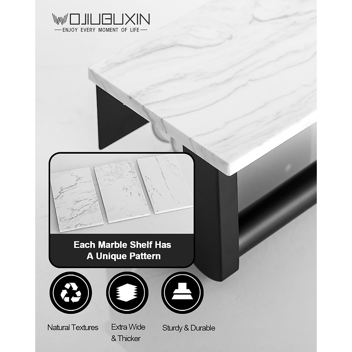 WOJIUBUXIN Marble Toilet Paper Holder with Shelf Black Toilet Paper Roll Holder Wall Mount for Bathroom Cabinet Decorative,Matte Black Finish,Modern Style,Screw-in,Each Marble with A Unique Pattern
