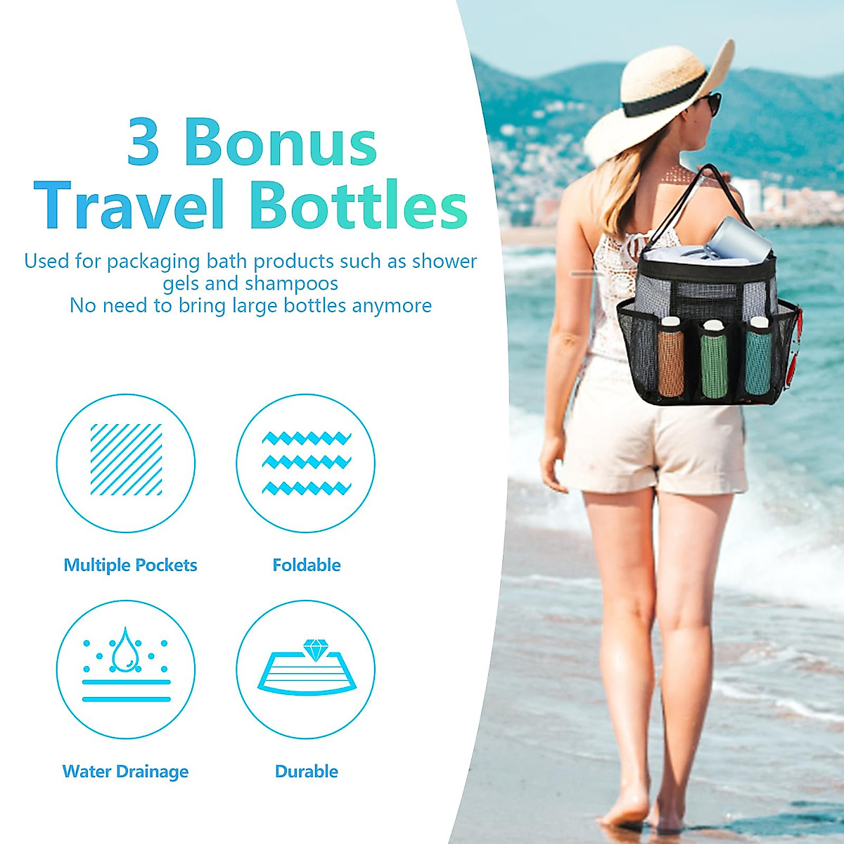 Black Mesh Shower Caddy Portable for College Dorm with 3 Bonus Travel Bottles - Large Capacity Mesh Beach Tote Bag with Adjustable Reinforced Strap - Quick Dry and Sandproof Shower Bag for Beach, Pool