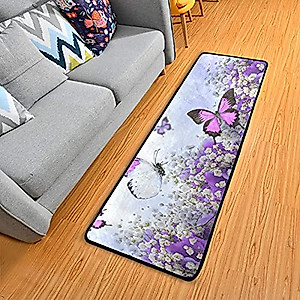 Purple Flowers and Butterflies Kitchen Rugs Non-Slip Soft Doormats Bath Carpet Floor Runner Area Rugs for Home Dining Living Room Bedroom 72" X 24"