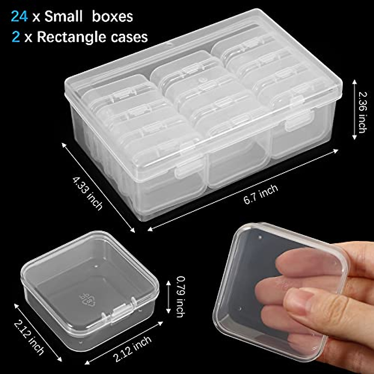 Blulu 24 Pcs Small Bead Organizer Plastic Bead Storage Containers Clear Plastic Storage Case Craft Containers with 2 Pcs Hinged Lid Clear Craft Cases (6.7 x 4.33 x 2.36 Inch, 2.12 x 2.12 x 0.79 Inch)