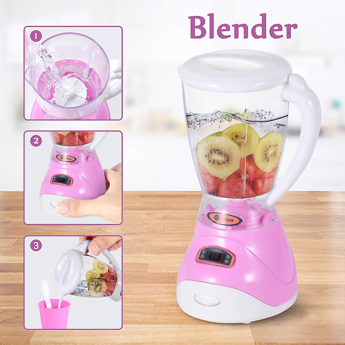 Kitchen Appliances Toys, Play Kitchen Accessories Set for Kids, Pretend Kitchen Toys, Coffee Maker, Blender, Mixer, Toaster with Realistic Light and Sounds, Toy Kitchen Set for Kids Ages 3+ (Pink)