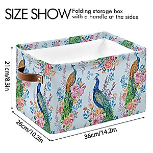 Large Storage Basket Peacock Tropical Animal Cube Storage Bin Canvas Fabric Organizer Handles Collapsible Decorative Bedroom