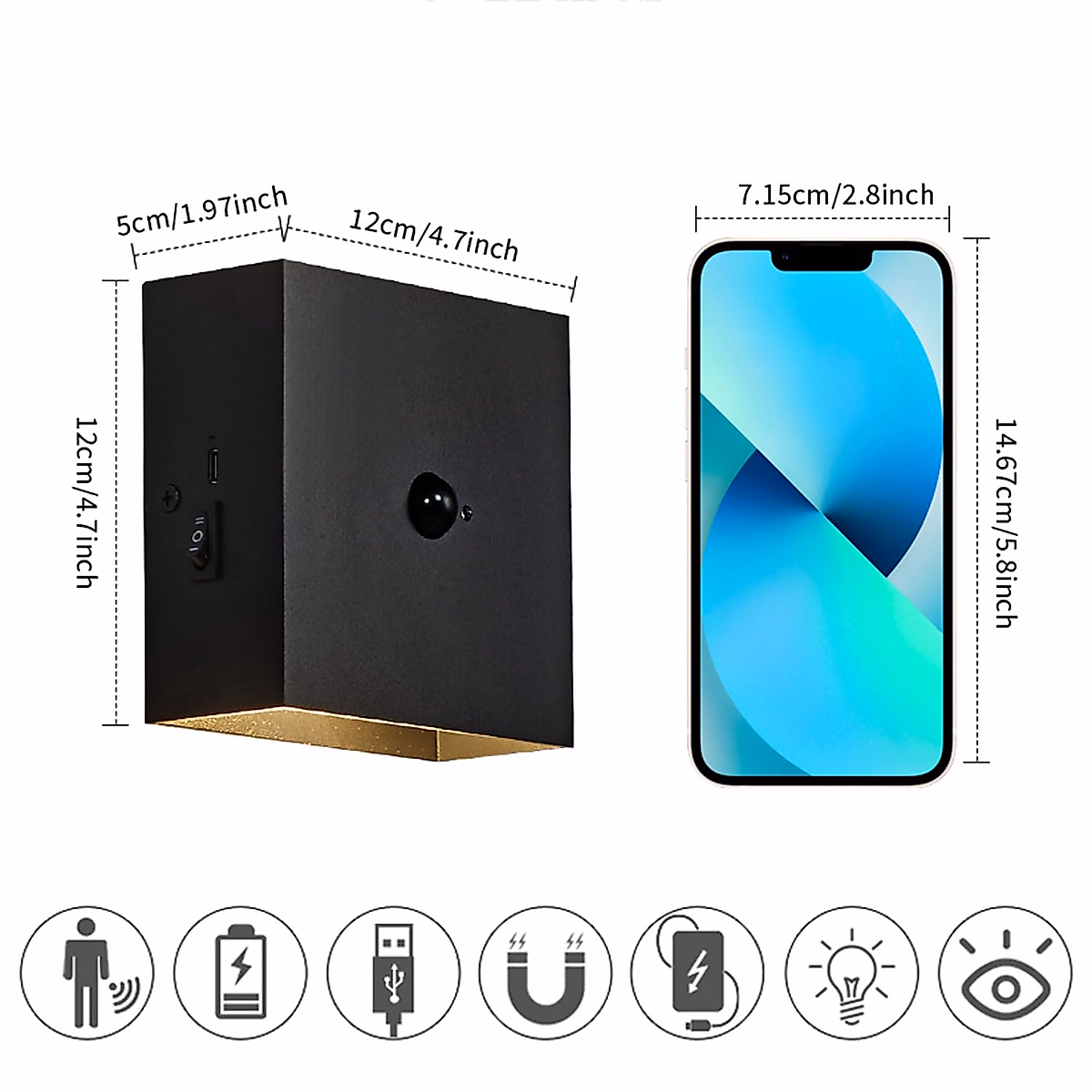 Battery Operated Wall Sconce Set of Two, USB Rechargeable LED Wall Light with Motion Sensor, 5W Indoor Cordless Wall Lamp with Switch, 3000K Warm White Magnet Wall Sconces for Bedroom Stairs Hallway