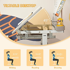 Qaba Kids Desk and Chair Set, School Study Desk with USB Light, Storage Drawer for Writing, Activities, Arts, or Crafts, Gray and White