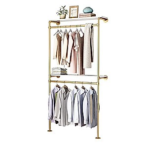 DR.IRON Gold Pipe Clothing Racks with 2 Tier Shelves, Wall Mounted Gold Clothes Rack with Double Hanging Rods Heavy Duty Garment Storage Rack Display Racks Rod for Clothes,Laundry Room