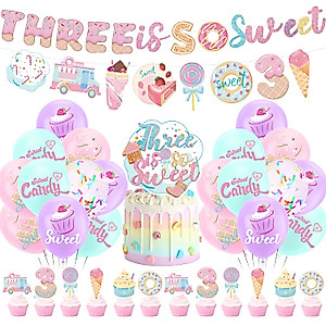 Three is So Sweet Ice Cream Birthday Party Decorations, Three is So Sweet Party Banner Cake Cupcake Toppers Macaron Balloons for Ice Cream/Donut Theme Third Birthday Girls Ice Cream 3rd Birthday Party