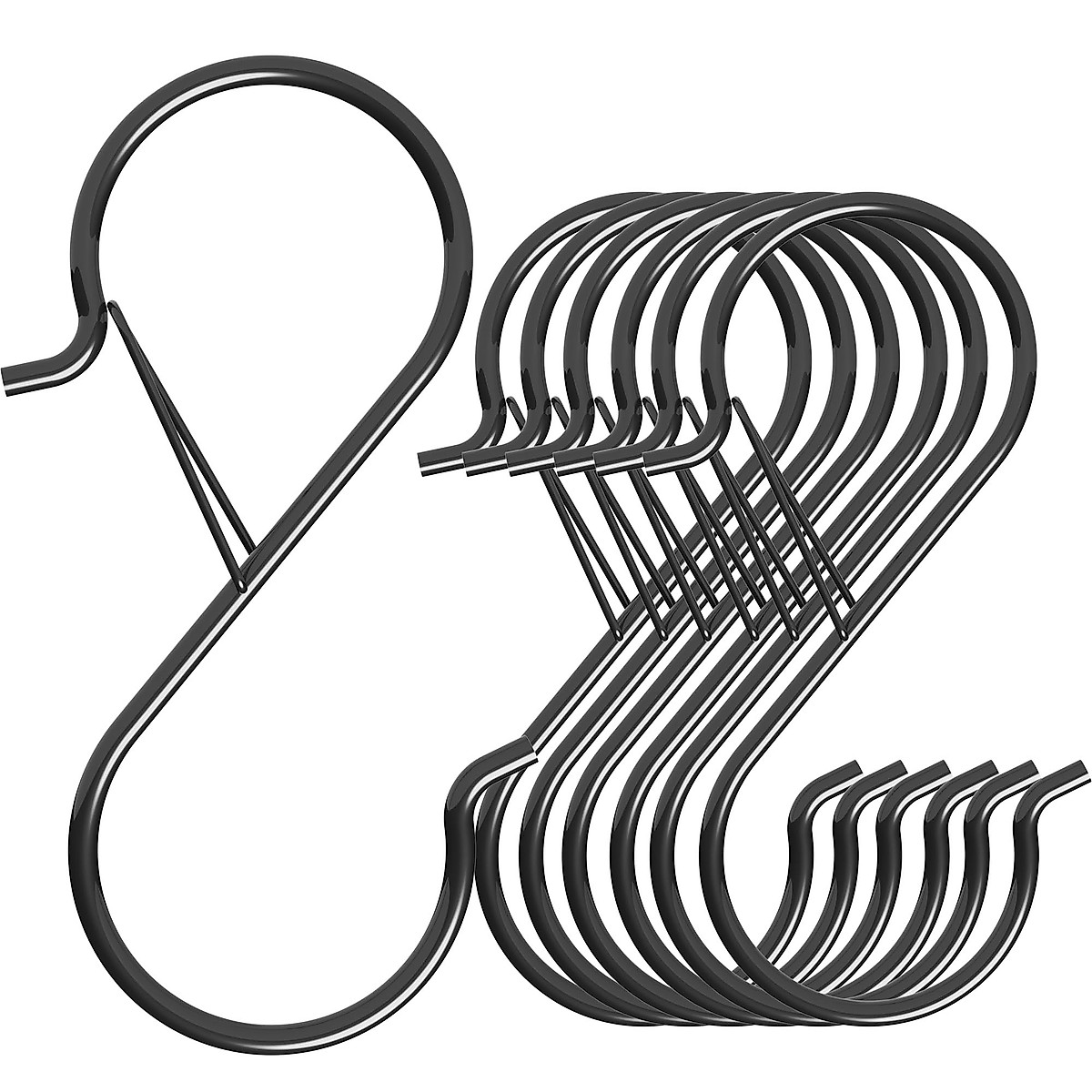 7 Pack S Hooks for Hanging with Safety Buckle, 5 inch Heavy Duty Vinyl Coated S Closet Hooks for Hanging Plants, Bags, Kitchen Utensils, Cups, Pots (Black)