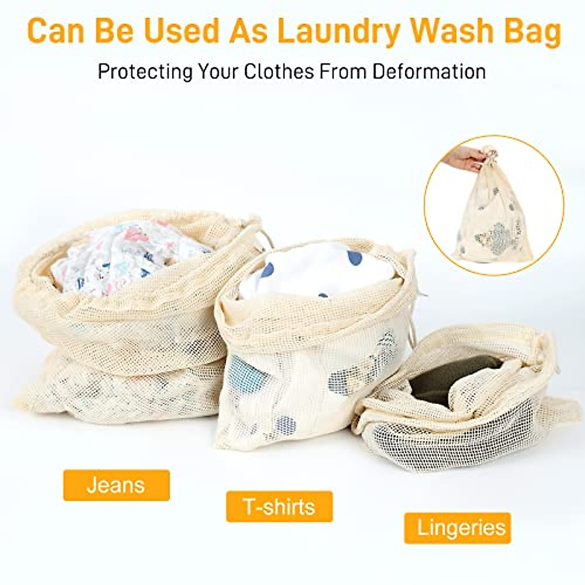 Lumos Living Reusable Mesh Produce Bag, 100% Cotton, Laundry Mesh Bag, Lingerie Wash Bag, 6 Bags in 3 Sizes. (1L,3M,2S))