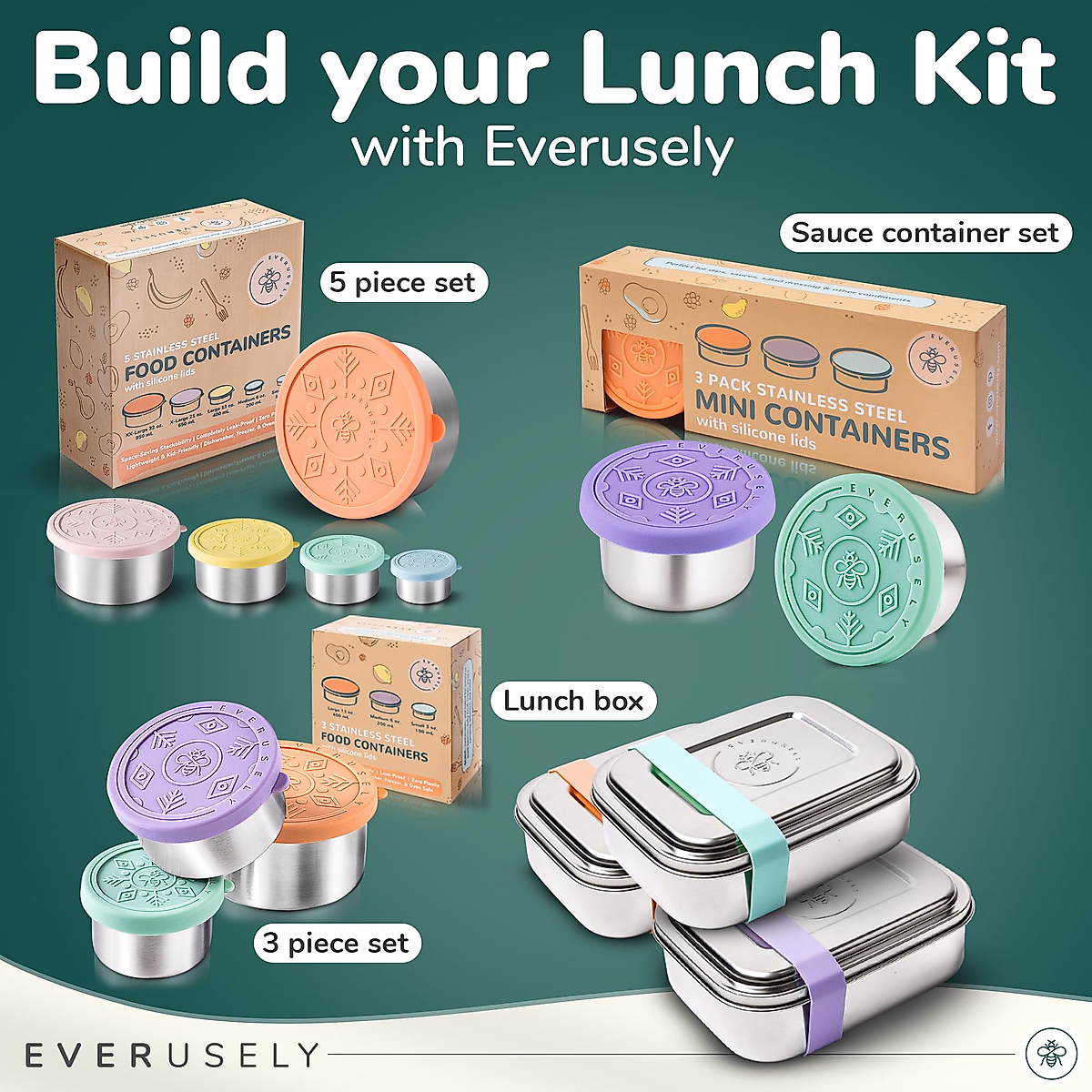 Everusely Small Stainless Steel Bento Box Kids - 27 oz Toddler Lunch Box Stainless Steel, Metal Lunch Box for Kids, Metal Lunch Container, Stainless Steel Lunch Box For Kids, Bento Box Stainless Steel