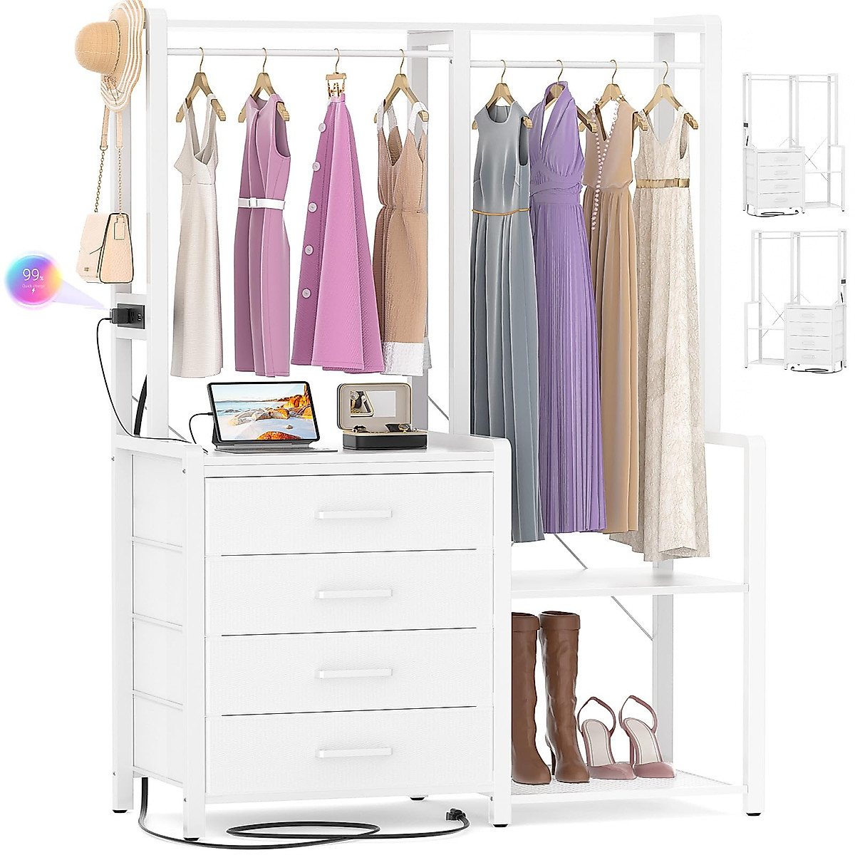 Cyclysio Small Clothes Rack with 4 Drawers, Reversible Garment Rack with Storage Shelves & Charging Station, Freestanding Closet System Organizer with 2 Hooks for Small Spaces, White
