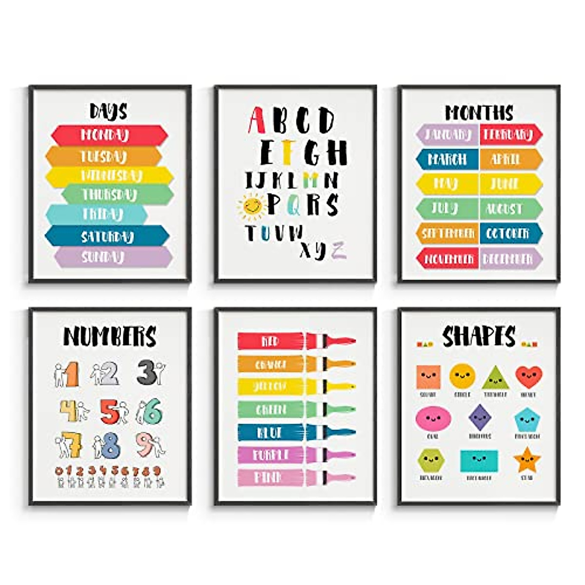 ARPEOTCY Rainbow Kids Playroom Wall Decor, Colorful Wall Art Posters, Educational Wall Art Prints for Nursery Wall Decor, Set of 6, 8x10in, Unframed