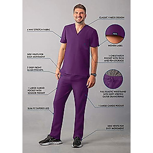 Adar Addition Go-Basic Scrub Set for Men - Classic V-Neck Scrub Top & Cargo Scrub Pants - A9300 - Eggplant - M