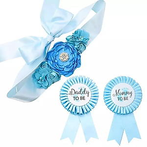 GDTO8820 CoolerthingsDG, 3pcs 2 badges and a belt Blue, Baby Blue Maternity Sash & Daddy to Be Corsage Set - Baby Shower Sash Baby Boy Pregnancy Sash Keepsake Baby Shower Flower Belly Belt