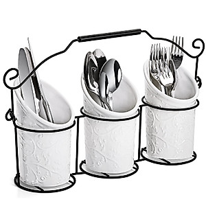 Nicunom Set of 3 Ceramic Flatware Caddy with Metal Rack, Embossed Design Kitchen Utensil Holder Silverware Organizer Cutlery Holder Kitchen Tool Crock for Countertop Decor and Organization