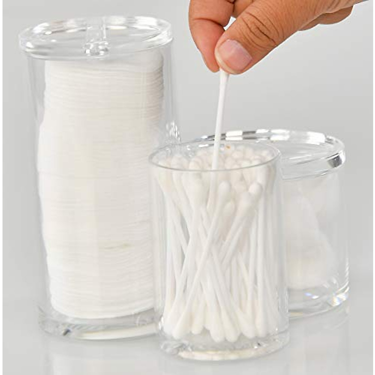 Home-X Bathroom Organizer Jars, 3 in 1 Acrylic Storage Containers with Lids, Vanity Decor, Cotton Rounds and Swabs Organizer, 5 ½” H x 2 ¾” D, 3" H x 3" D, 3 ¾” H x 2 ¼” D