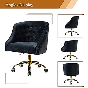 Velvet Home Office Chair with Gold Base, Comfortable Modern Cute Desk Chair, Adjustable Swivel Task Chair for Living Room Bedroom Vanity Study, Black