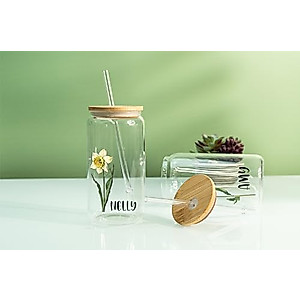 Personalized Birth Flower Glass Tumbler, Jar Cup with Bamboo Lid & Plastic Straw, 16 oz, Bridesmaids, Bachelorette Gifts, Gifts for Mom, Flower Design Tumbler, Iced Coffee Glass - Colorful
