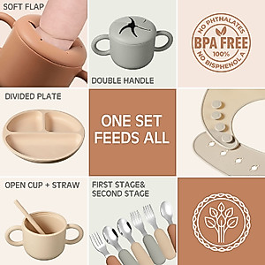 24 Pack Silicone Baby Feeding Set Baby Led Weaning Supplies Includes Suction Divided Plates Soft Bowl Spoons Forks Adjustable Bib Snack Cup and Straws for Baby Eating (Walnut Color, Beige, Smoky Gray)