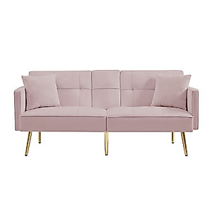 P PURLOVE Convertible Futon Sofa Bed for Living Room, Velvet Sofa Bed with Storage Pocket and 2 Pillows, Sleeper Sofa Couch with Adjustable Back for Office, Bedroom, Pink