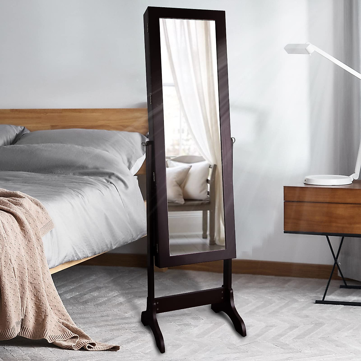 Uten Lockable Jewelry Armoire Large Jewelry Cabinet with Standing Mirror Jewelry Holder Organizer Storage, 4 Angle Adjustable(Brown)