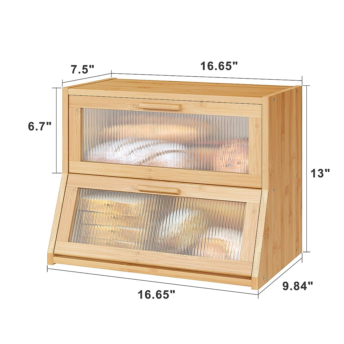 Vriccc Bread Box for Kitchen Counter, Large Bamboo Wooden Double Layer Large Capacity Bread Storage Bin with Acrylic Wavy Door Panel (Natural)