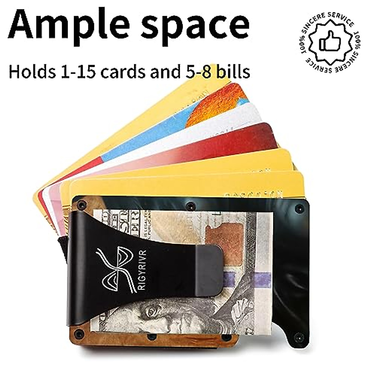 RIGYRIVR Minimalist Slim Wallet for Men - RFID Blocking Credit Card Holder, Wood Wallet With Money Clip, Holds 15 Cards and Cash, Gifts for Men,Unique Pattern,Black